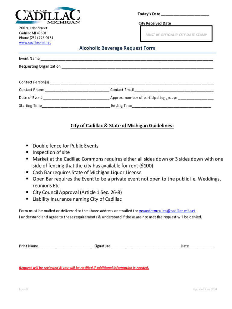 Fillable Online Alcoholic Beverage Request Form City of Cadillac ...