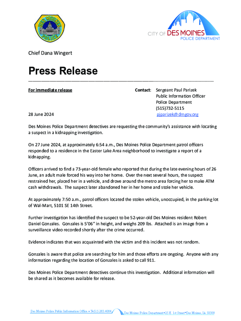 Fillable Online News Release - Kidnapping Investigation - Easter Lake ...