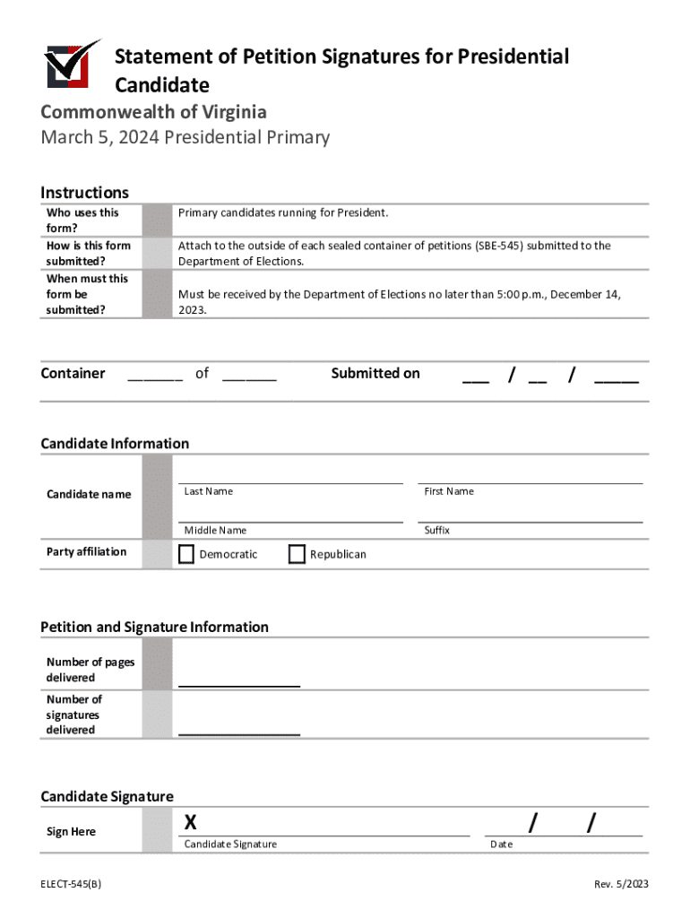 Fillable Online Statement of Petition Signatures for Presidential ...