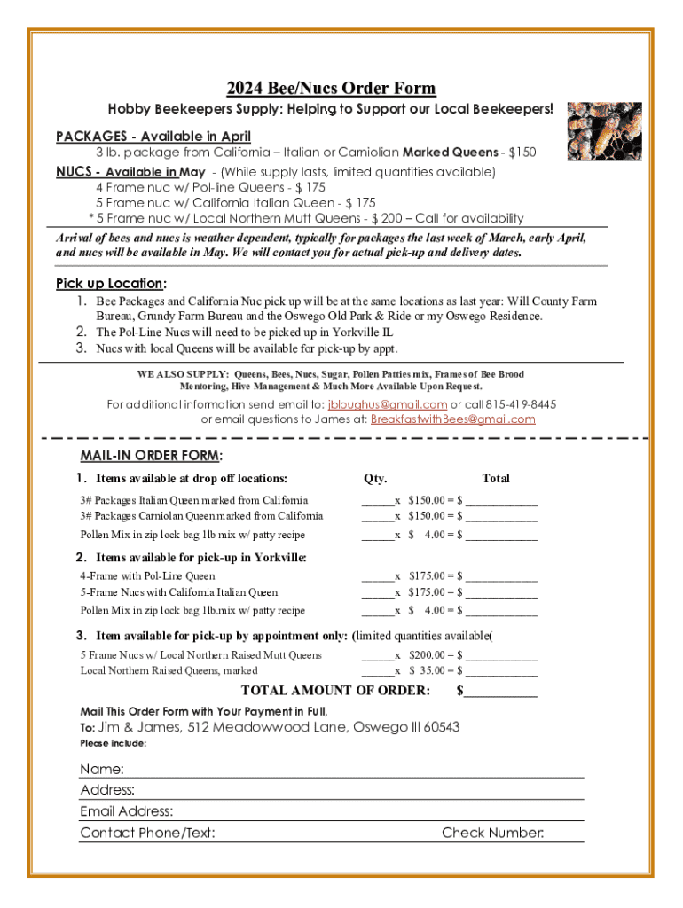 Fillable Online 2024 - BEE ORDER FORM Fax Email Print - pdfFiller