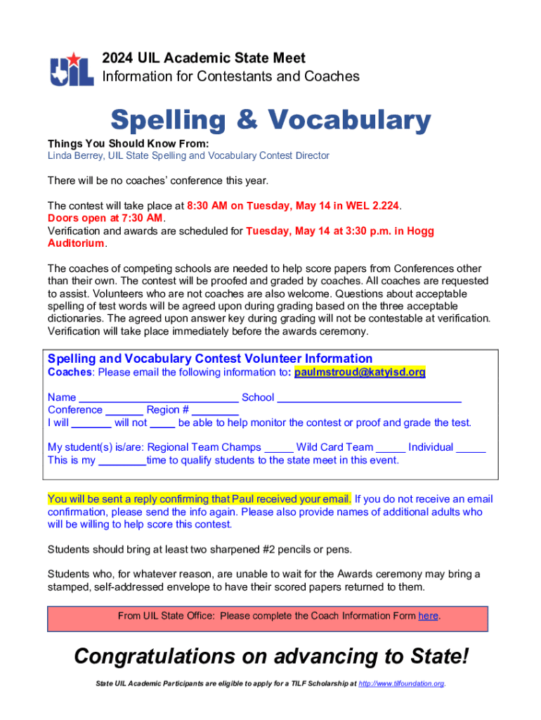 Fillable Online UIL Academic and One-Act Play State Meet Information ...