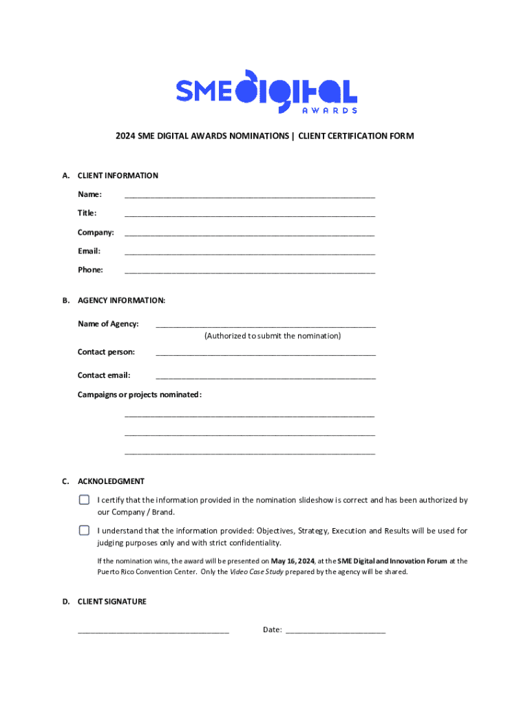Fillable Online 2024 SME DIGITAL AWARDS NOMINATIONS CLIENT ...