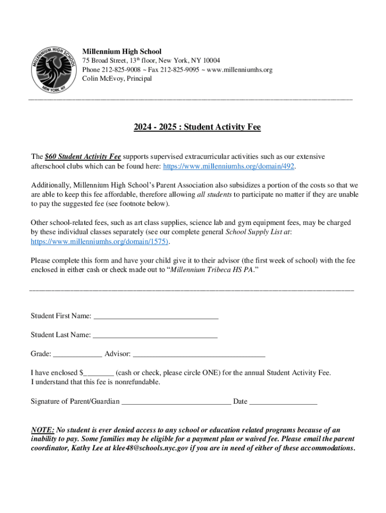 Fillable Online The $60 Student Activity Fee supports supervised ...