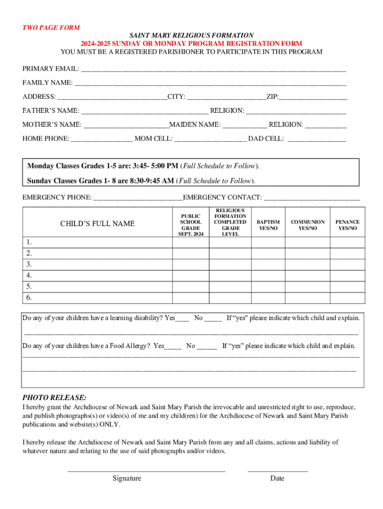 Fillable Online Faith Formation Enrollment FORM 2024-2025 school year Fax Email Print - pdfFiller