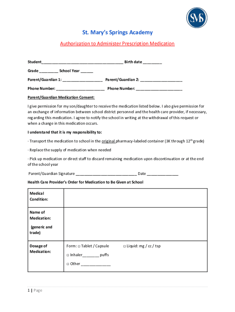 Fillable Online St. Mary\'s School Medication Authorization Form Fax ...