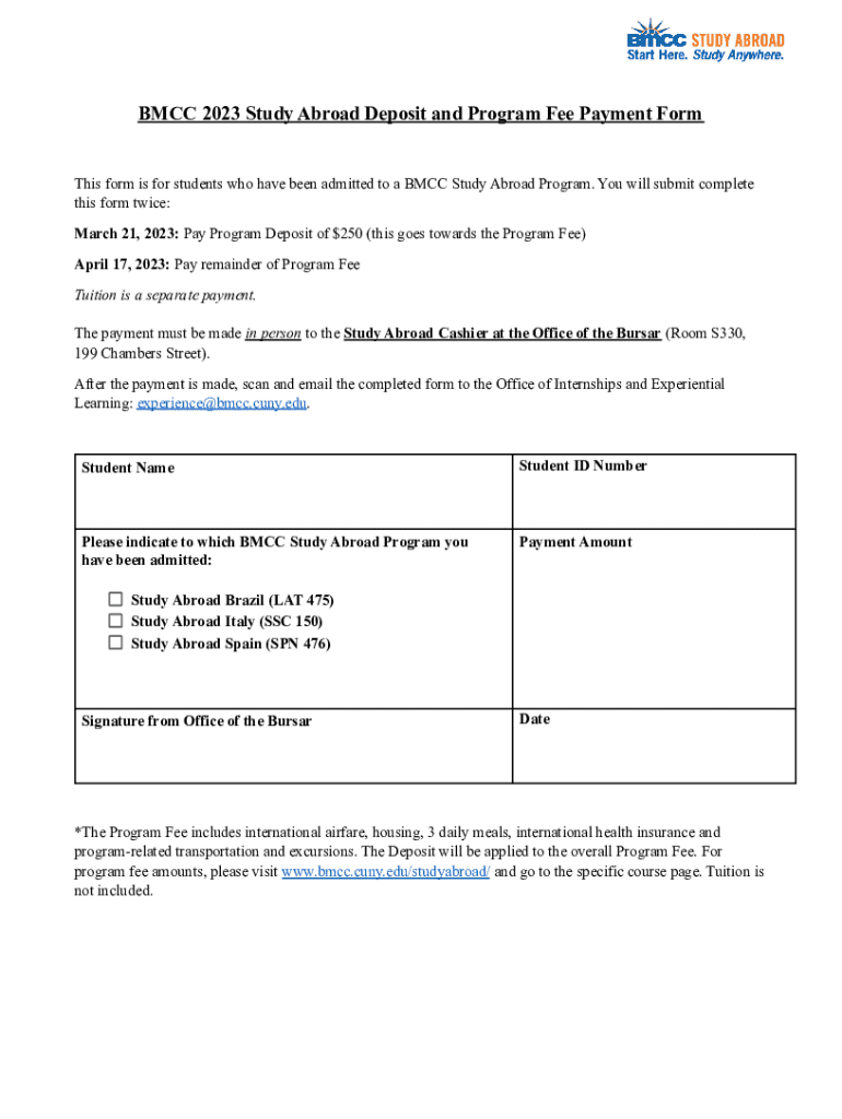 Fillable Online BMCC Study Abroad Deposit and Program Fee Payment Form ...