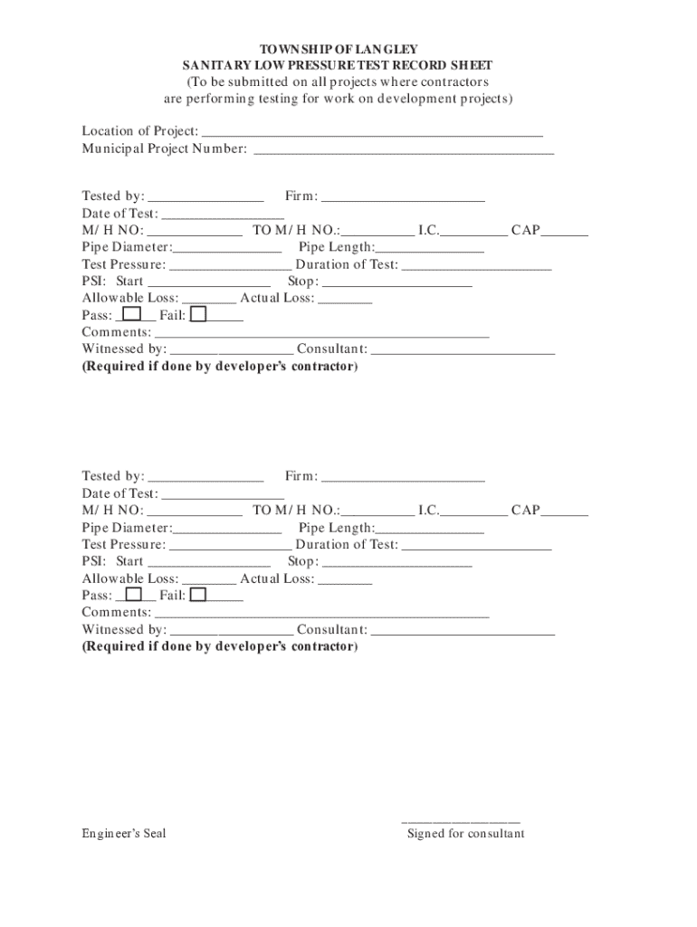 Fillable Online Sanitary Low Pressure Test Record Sheet Fax Email Print ...