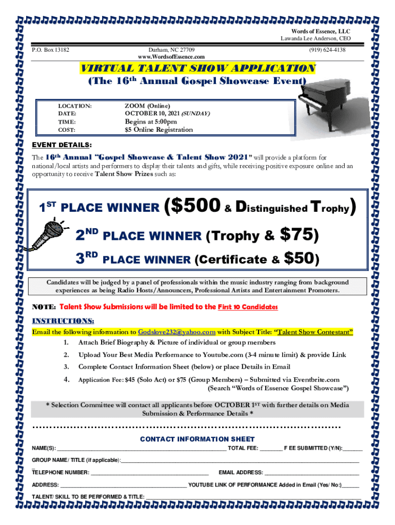Fillable Online VIRTUAL TALENT SHOW APPLICATION Fax Email Print - pdfFiller