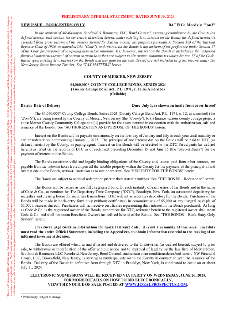 Fillable Online Preliminary Official Statement dated June 19, 2024 Fax ...