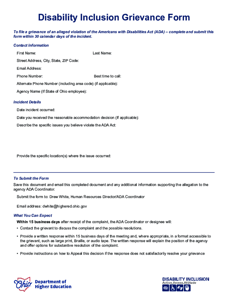 Fillable Online CSA ADA - Disability Grievance Form Instructions Fax ...