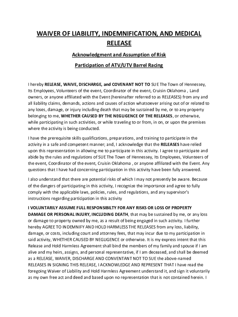 Fillable Online WAIVER OF LIABILITY, INDEMNIFICATION, AND MEDICAL Fax Email Print - pdfFiller