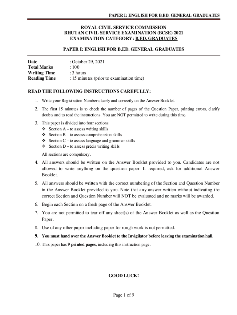 Fillable Online Bcse 2021 English Paper for B.ed Graduates Fax Email ...