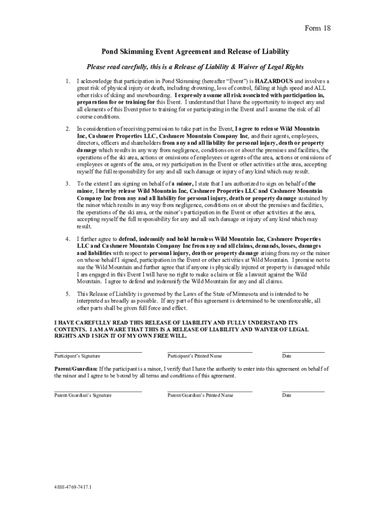 Fillable Online Pond Skimming Event Agreement and Release of Liability ...