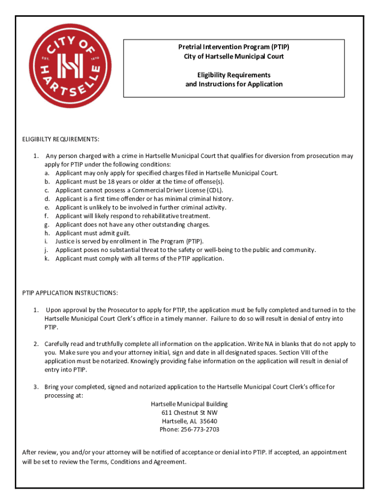 Fillable Online Pretrial Intervention Program (PTIP) City of Hartselle ...