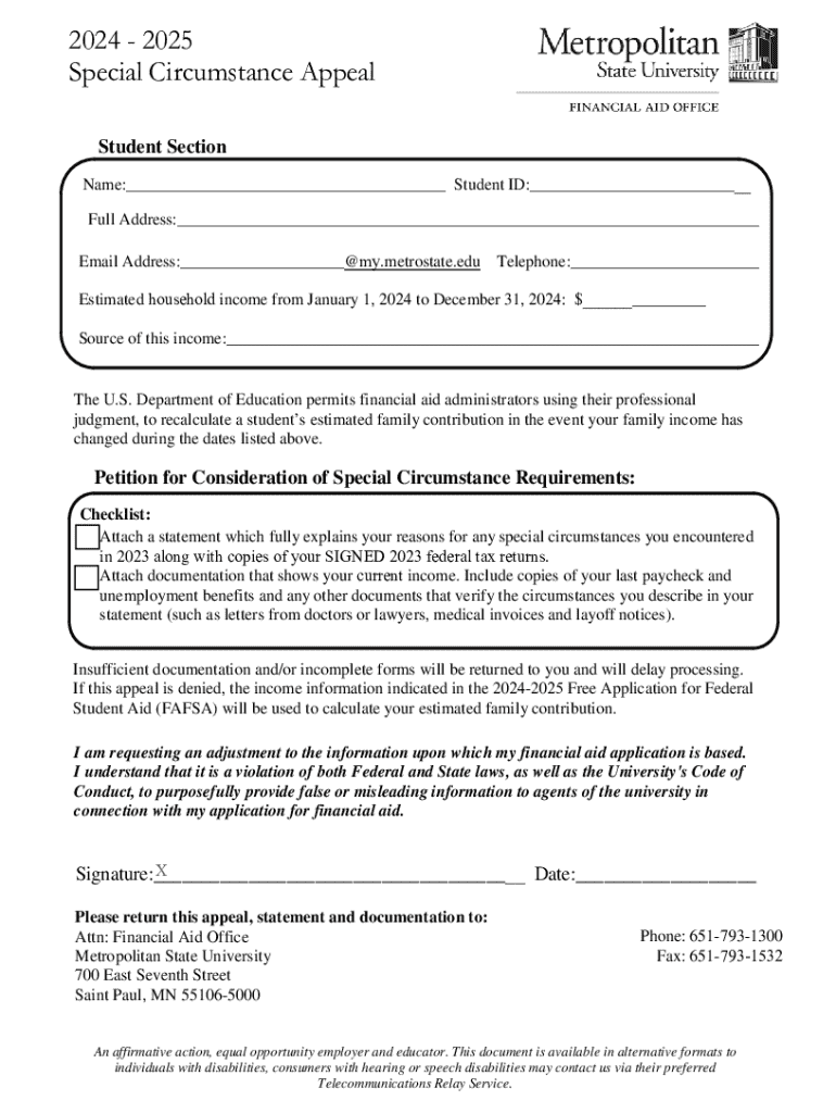 Fillable Online 2024 - 2025 Special Circumstance Appeal Metro State University Fax Email Print ...