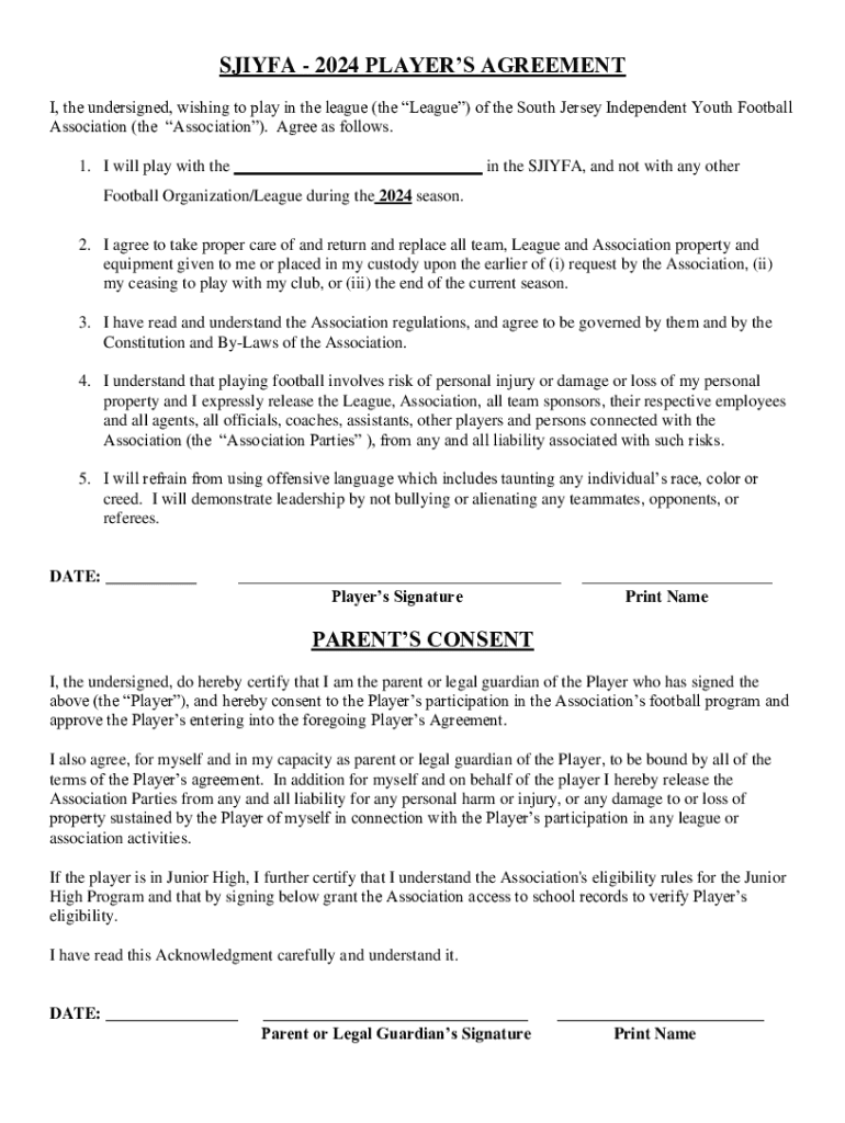Fillable Online SJIYFA PLAYERS\' AGREEMENT I, the undersigned, wishing ...