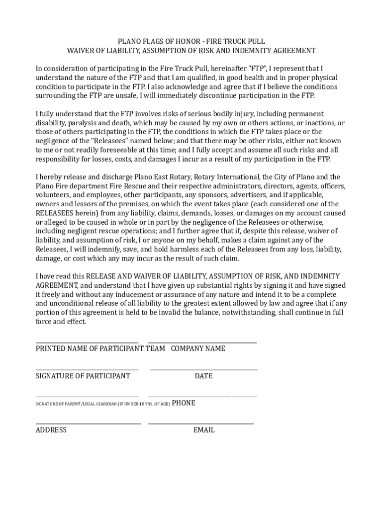 Fillable Online FIRE TRUCK PULL WAIVER OF LIABILITY, ASSUMPTION OF ...