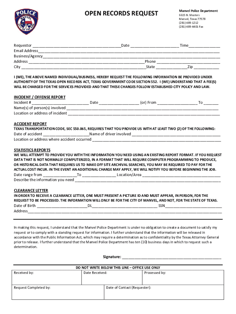Fillable Online Open Records Request - Police Department - Manvel, Texas Fax Email Print - pdfFiller