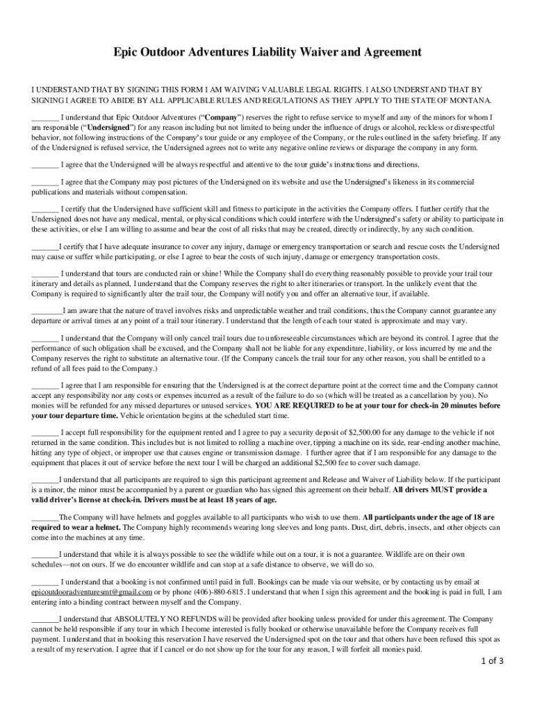 Fillable Online Epic Outdoor Adventures Liability Waiver and Agreement Fax Email Print - pdfFiller