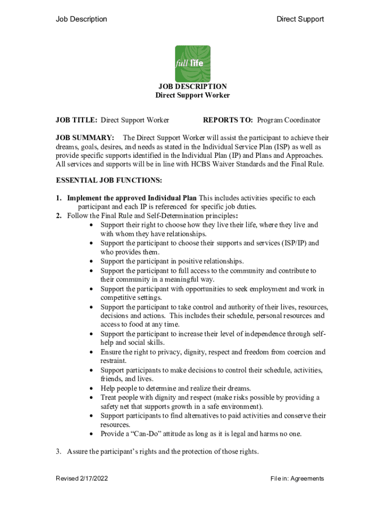 Fillable Online What Are the Responsibilities of a Direct Support ...