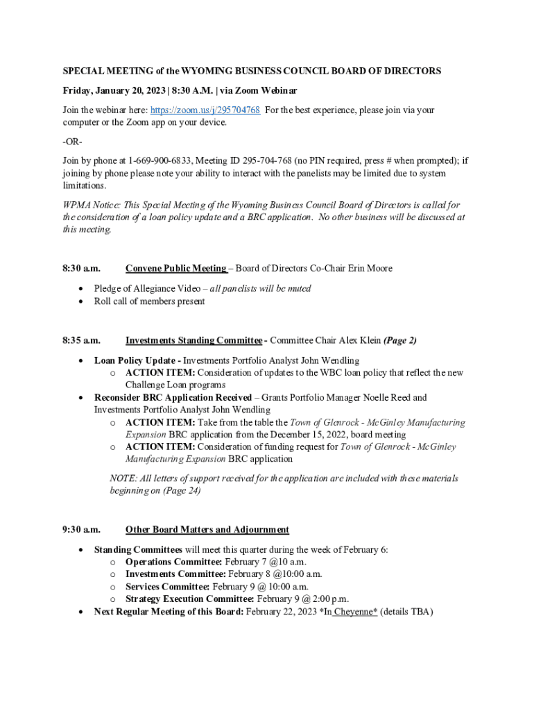 Fillable Online Wyoming Business Council Board of Directors Holds ...