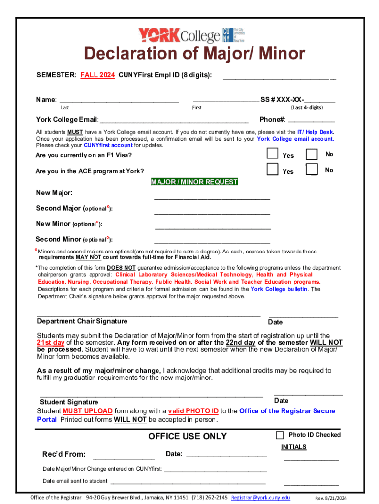 Fillable Online Declaration of Major/Minor Form FALL 2023 - York ...