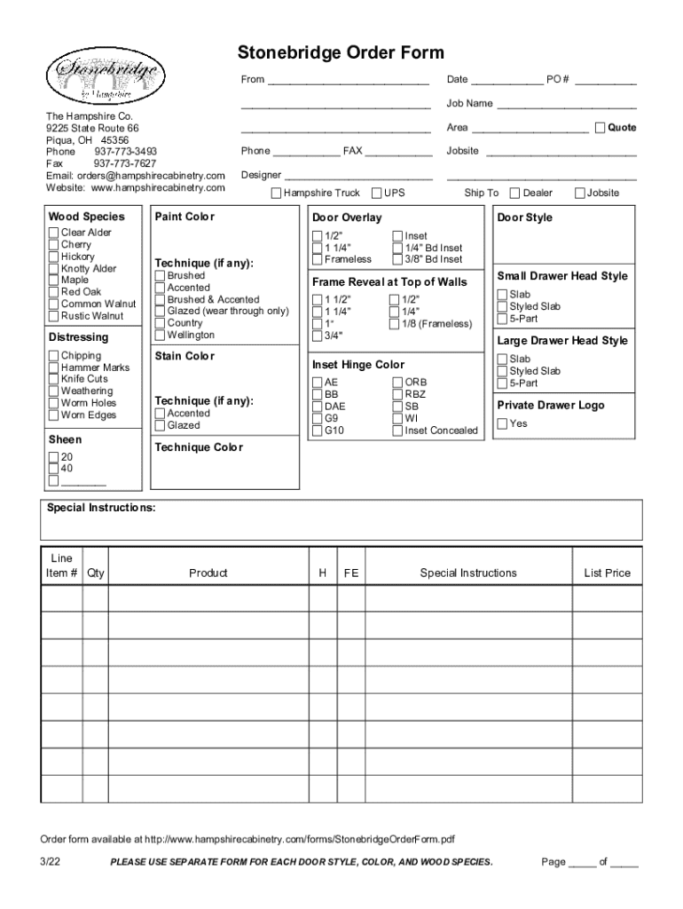 Fillable Online Stonebridge Order Form Fax Email Print - pdfFiller