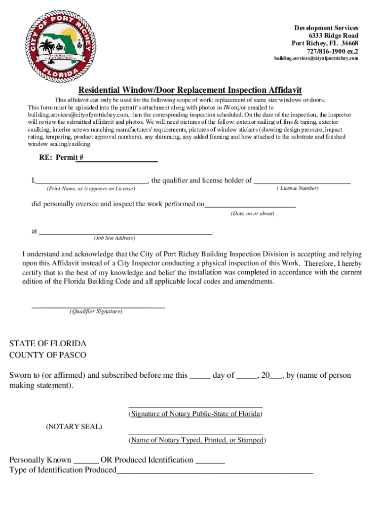 Fillable Online Residential Window/Door Replacement Inspection Affidavit Fax Email Print - pdfFiller