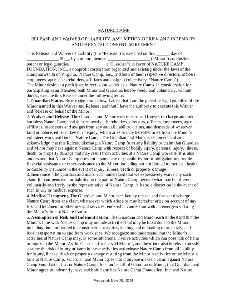 Summer Camp Parental Consent Release & Waiver ... Doc Template | pdfFiller