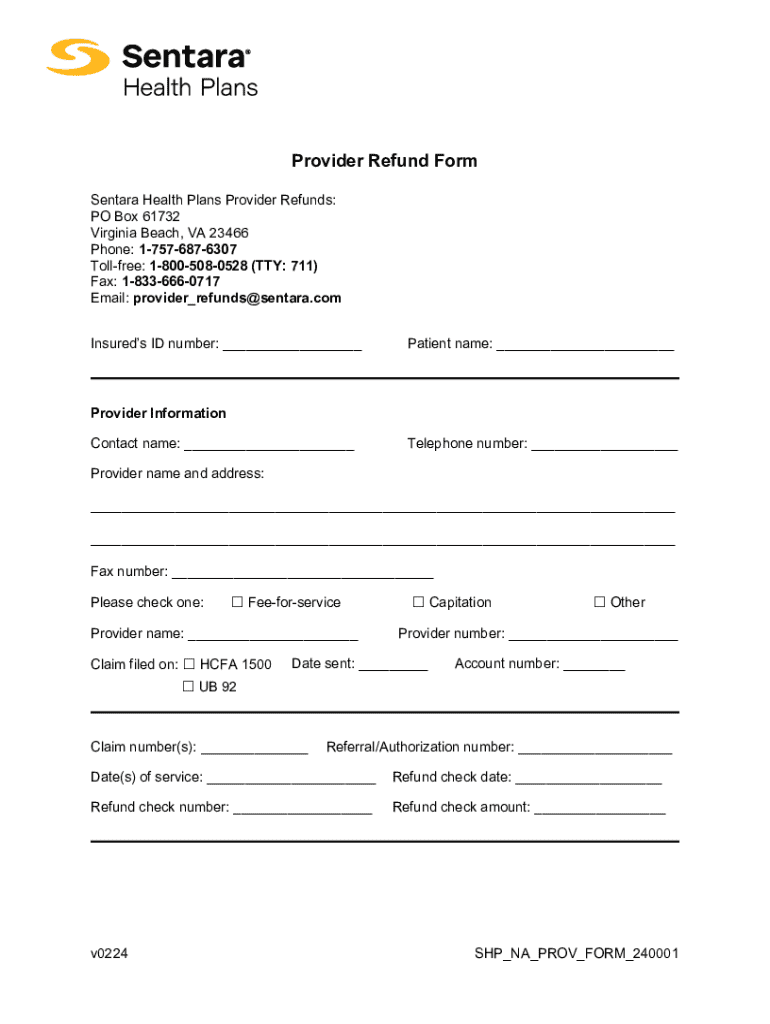 Fillable Online Provider Refund Form. Provider Refund Form Fax Email ...