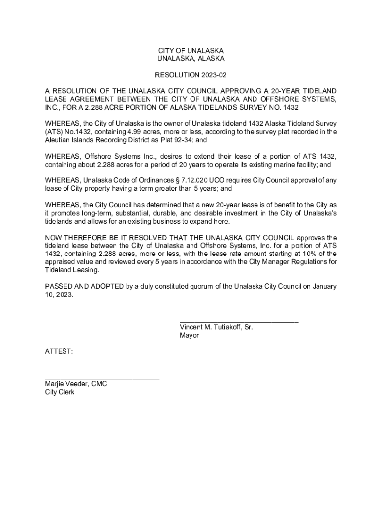 Fillable Online A RESOLUTION OF THE UNALASKA CITY COUNCIL APPROVING A ...