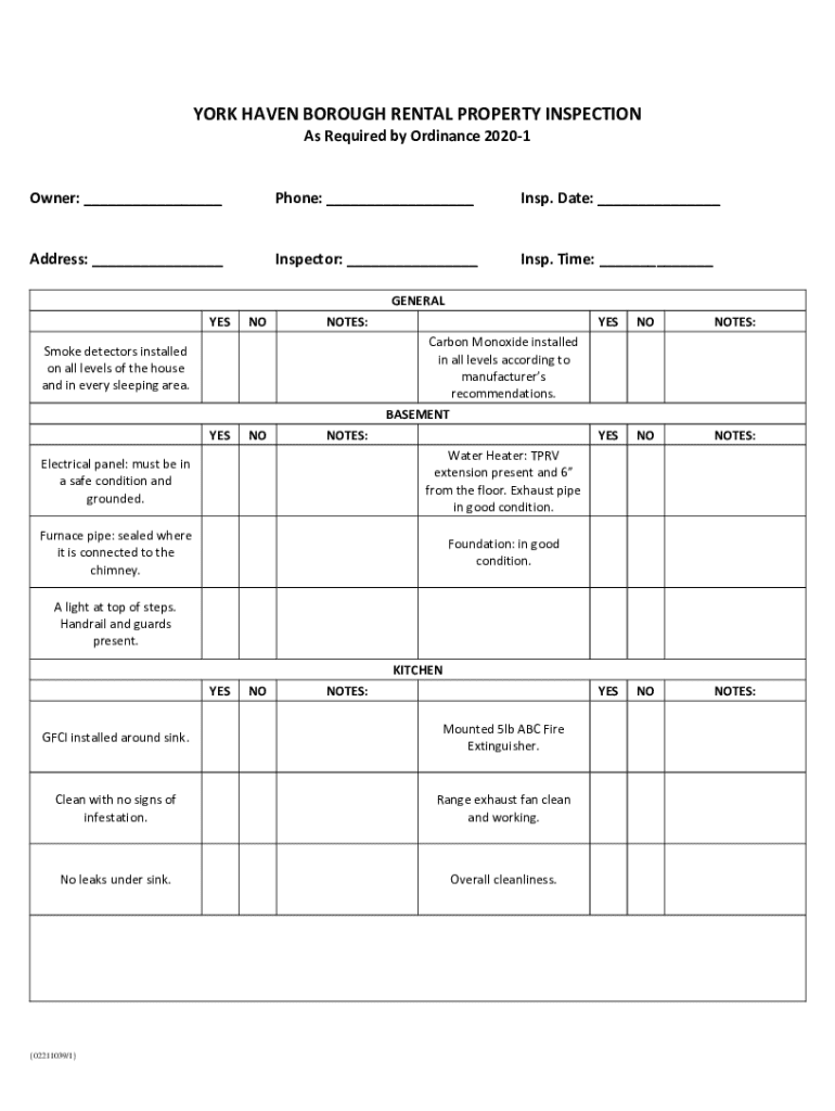 Fillable Online York Haven Borough Rental Property Inspection Checklist ...