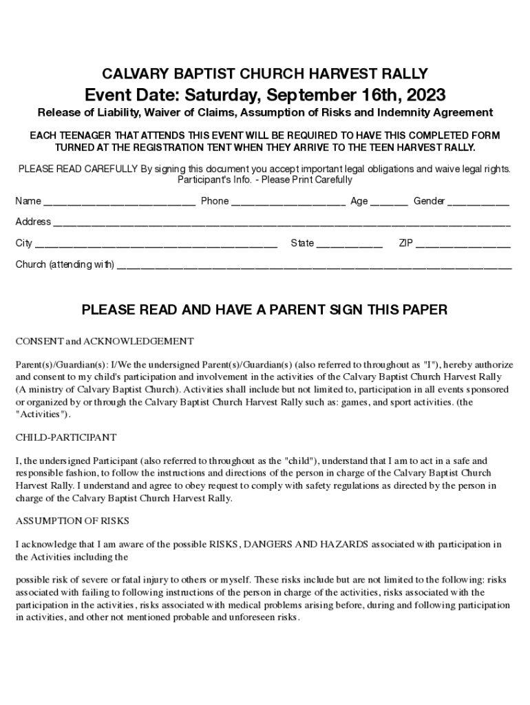 Fillable Online Emmaus Baptist Church Release of Liability, Waiver, and ...