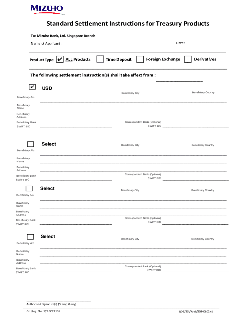 Fillable Online Standard Settlement Instructions for Treasury Products Fax Email Print - pdfFiller