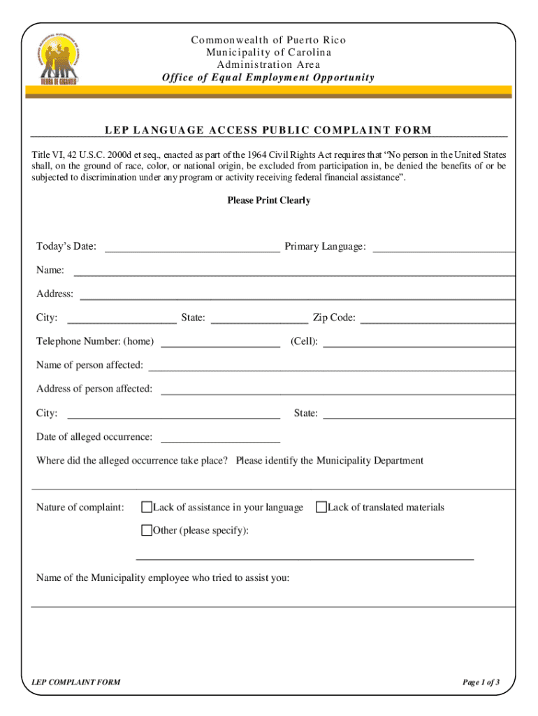 Fillable Online LEP LANGUAGE ACCESS PUBLIC COMPLAINT FORM Fax Email ...