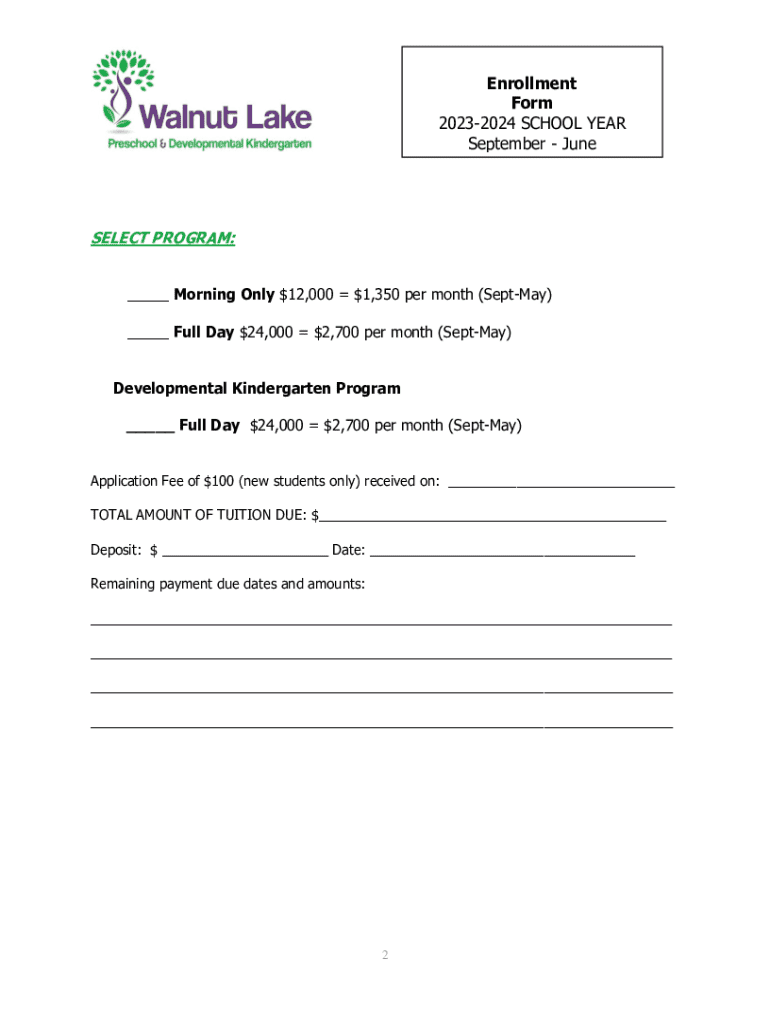 Fillable Online Enrollment Form 2023-2024 SCHOOL YEAR September - June ...