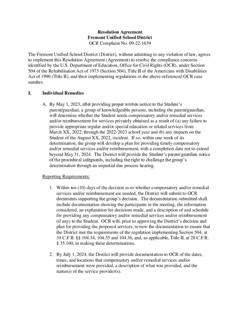 Fillable Online The Office for Civil Rights Resolution (OCR) Agreement ...