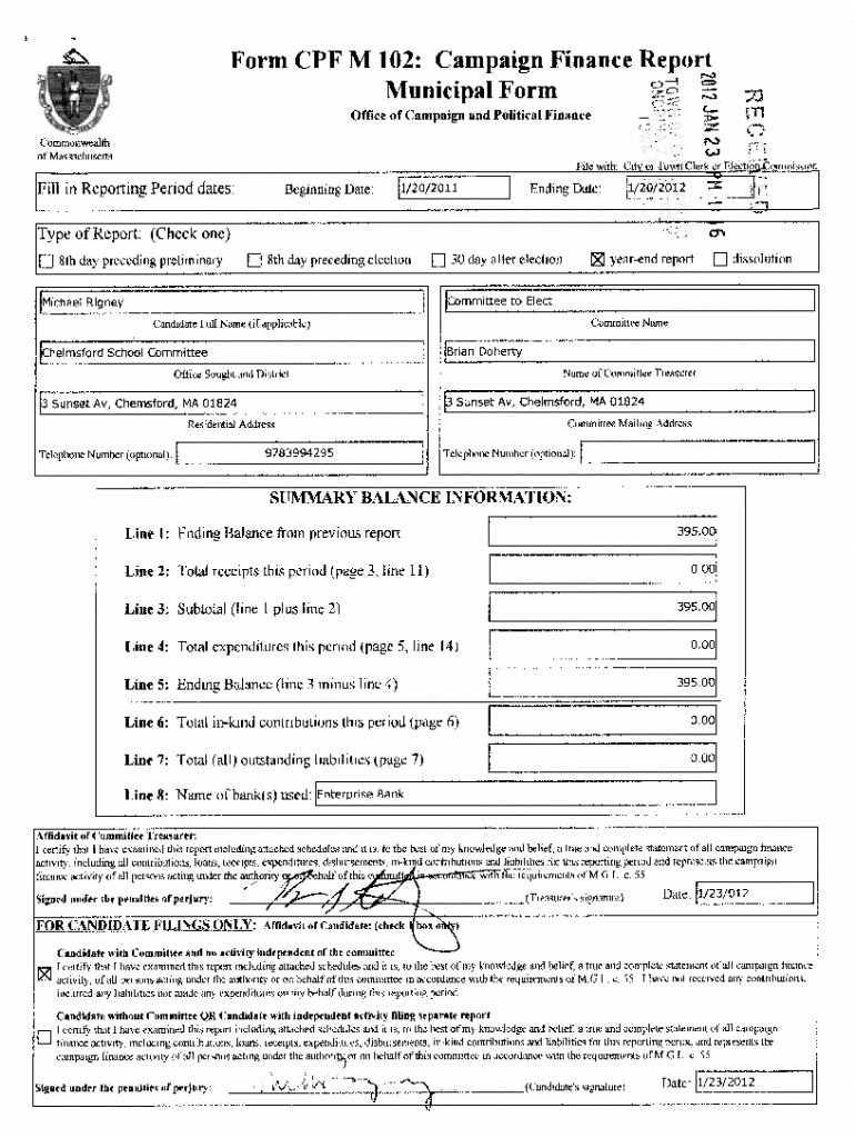 Fillable Online Form CPF M 102: Campaign Finance Report Municipal Form ...