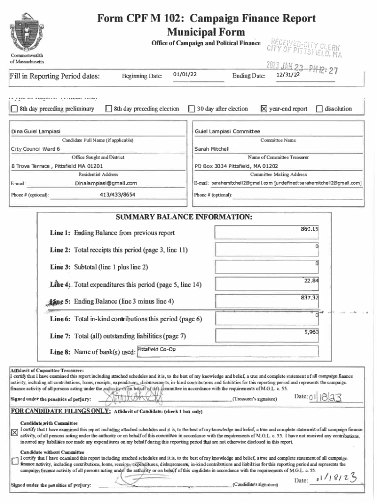 Fillable Online Form CPF M 102: Campaign Finance Report Municipal ...