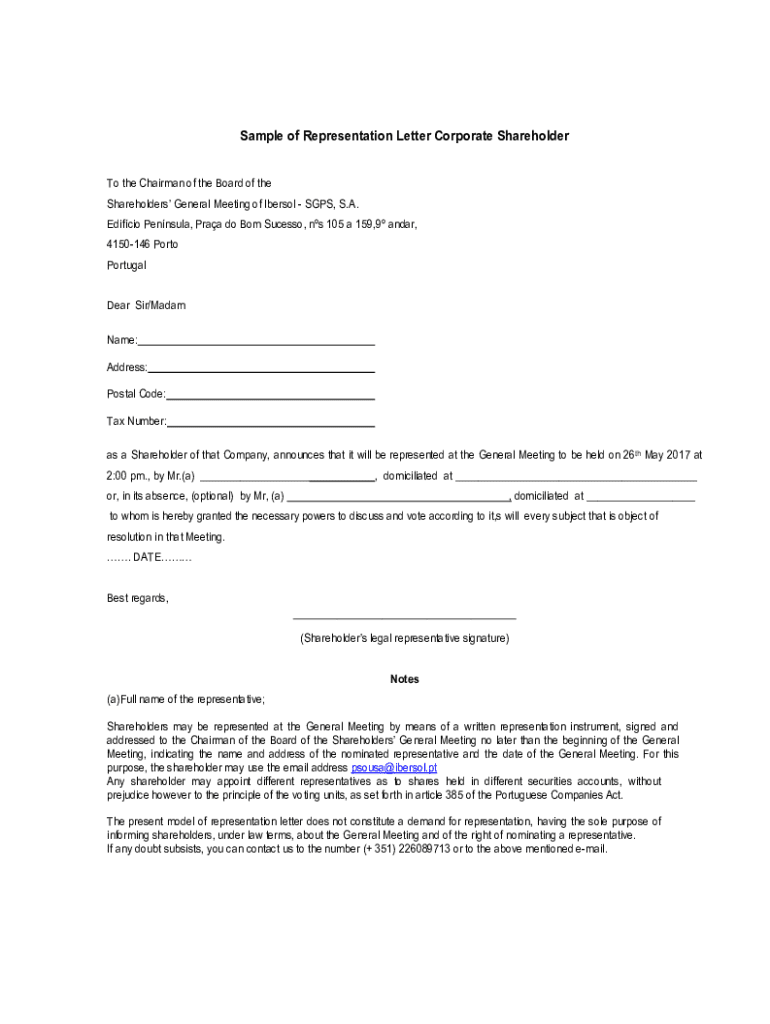 Fillable Online Sample of Representation Letter Corporate Shareholder ...