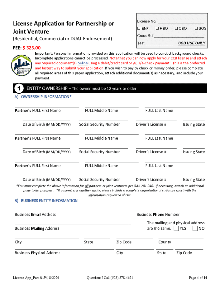 Fillable Online PARTNERSHIP or JOINT VENTURE LICENSE APPLICATION Fax Email Print - pdfFiller