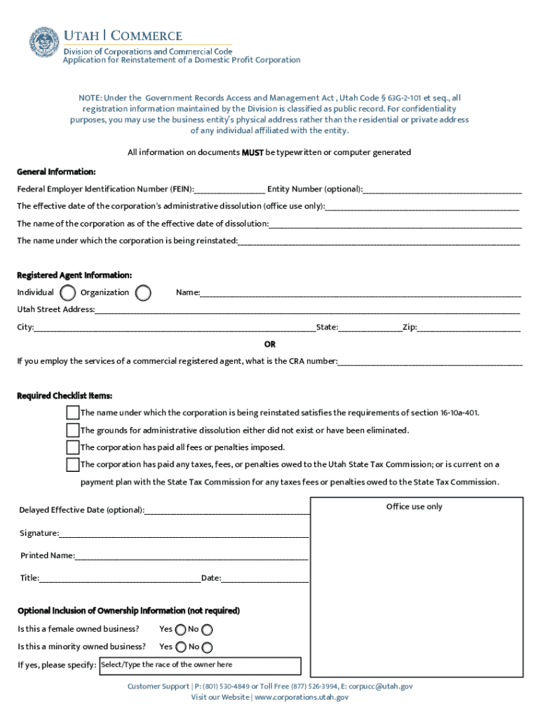 Fillable Online Application for Reinstatement of a Domestic Profit ...