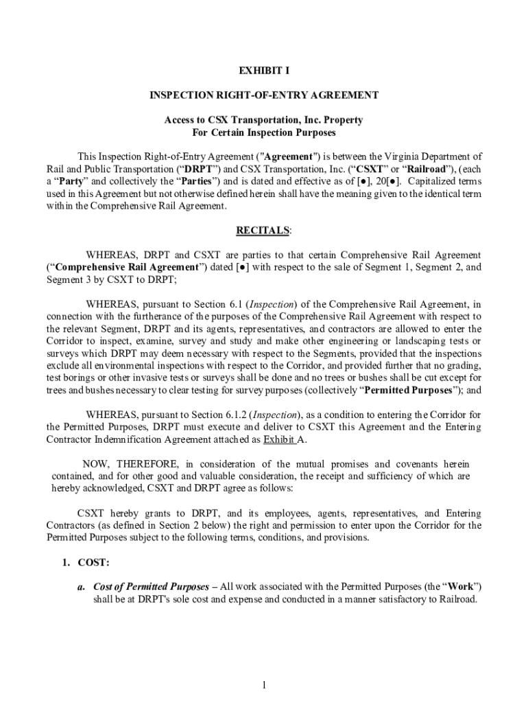 Fillable Online Exhibit I Inspection Right-of-Entry Agreement Fax Email ...