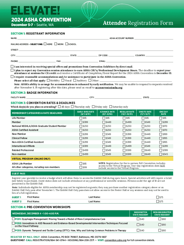 Fillable Online ASHA Convention Attendee Registration Form Fax Email ...