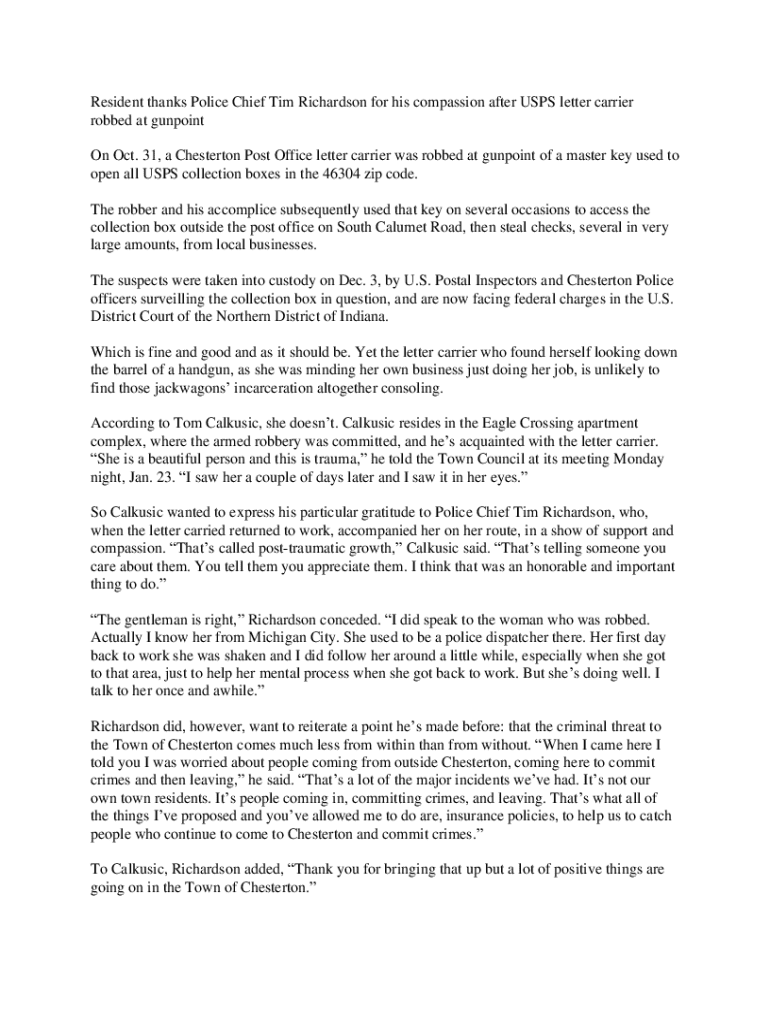 Fillable Online Resident thanks Police Chief Tim Richardson for his ...