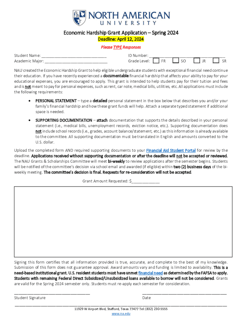 Fillable Online Economic Hardship Grant Application for Spring 2024 ...