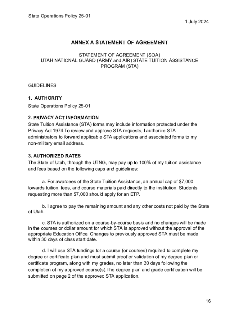 Fillable Online ANNEX A STATEMENT OF AGREEMENT - Utah National Guard ...