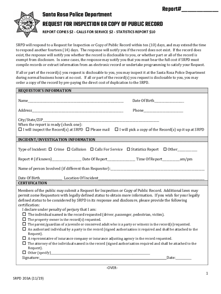 Fillable Online Santa Rosa Police Department REQUEST FOR INSPECTION OR ...