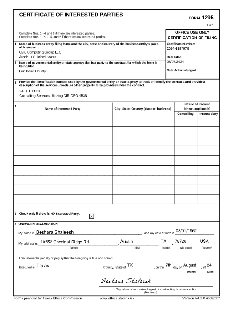 Fillable Online Certificate of Interested Parties Sample Clauses Fax ...