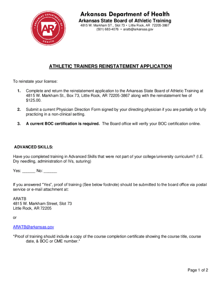 Fillable Online Reinstatement Form - Arkansas Department of Health Fax ...